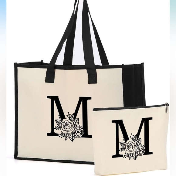 Bags | Tote Bag W Matching Cosmetics Bag Letter M | Poshmark